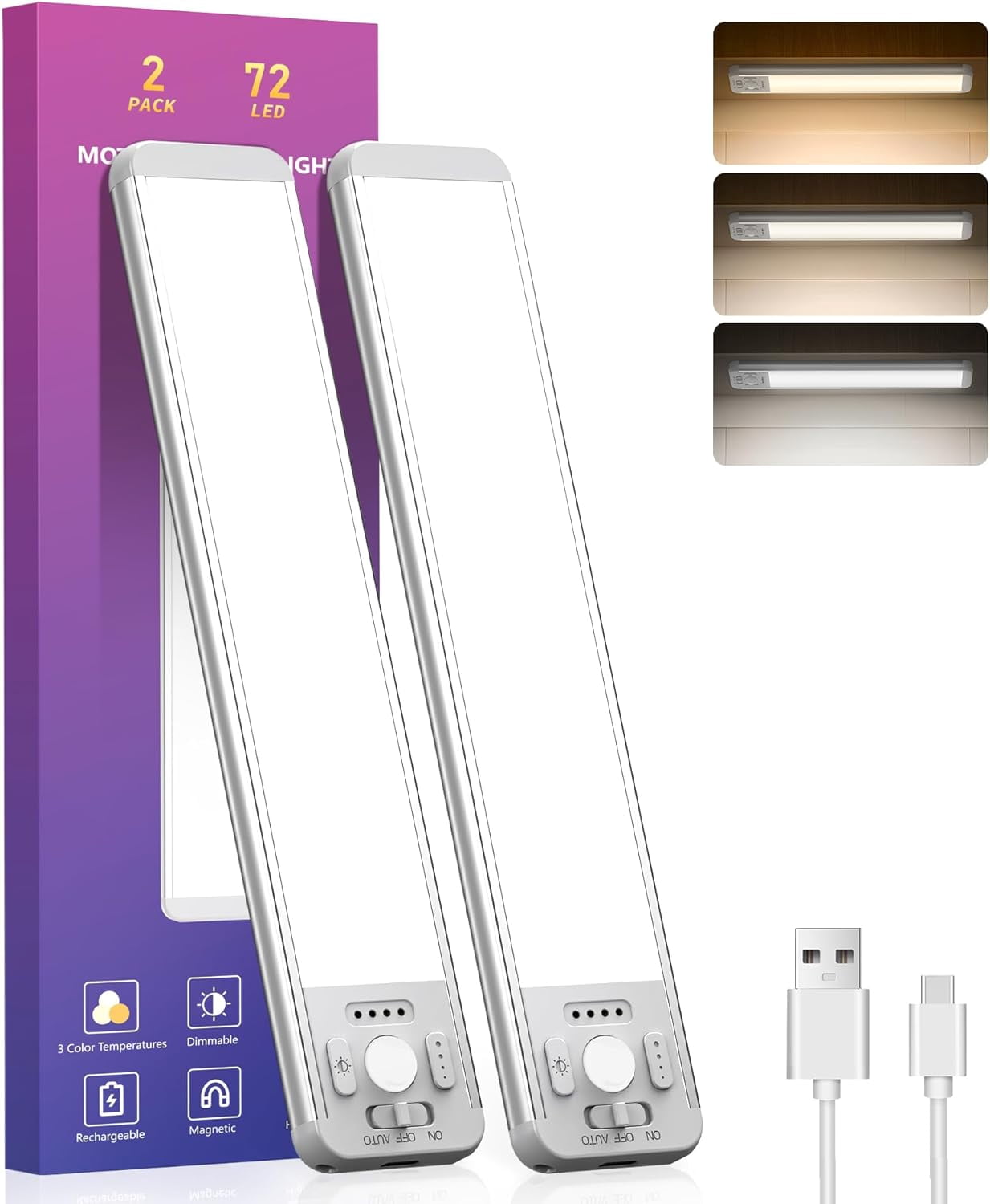 Under Cabinet Lighting,72 LED 2200mAh Rechargeable Motion Sensor Light ...