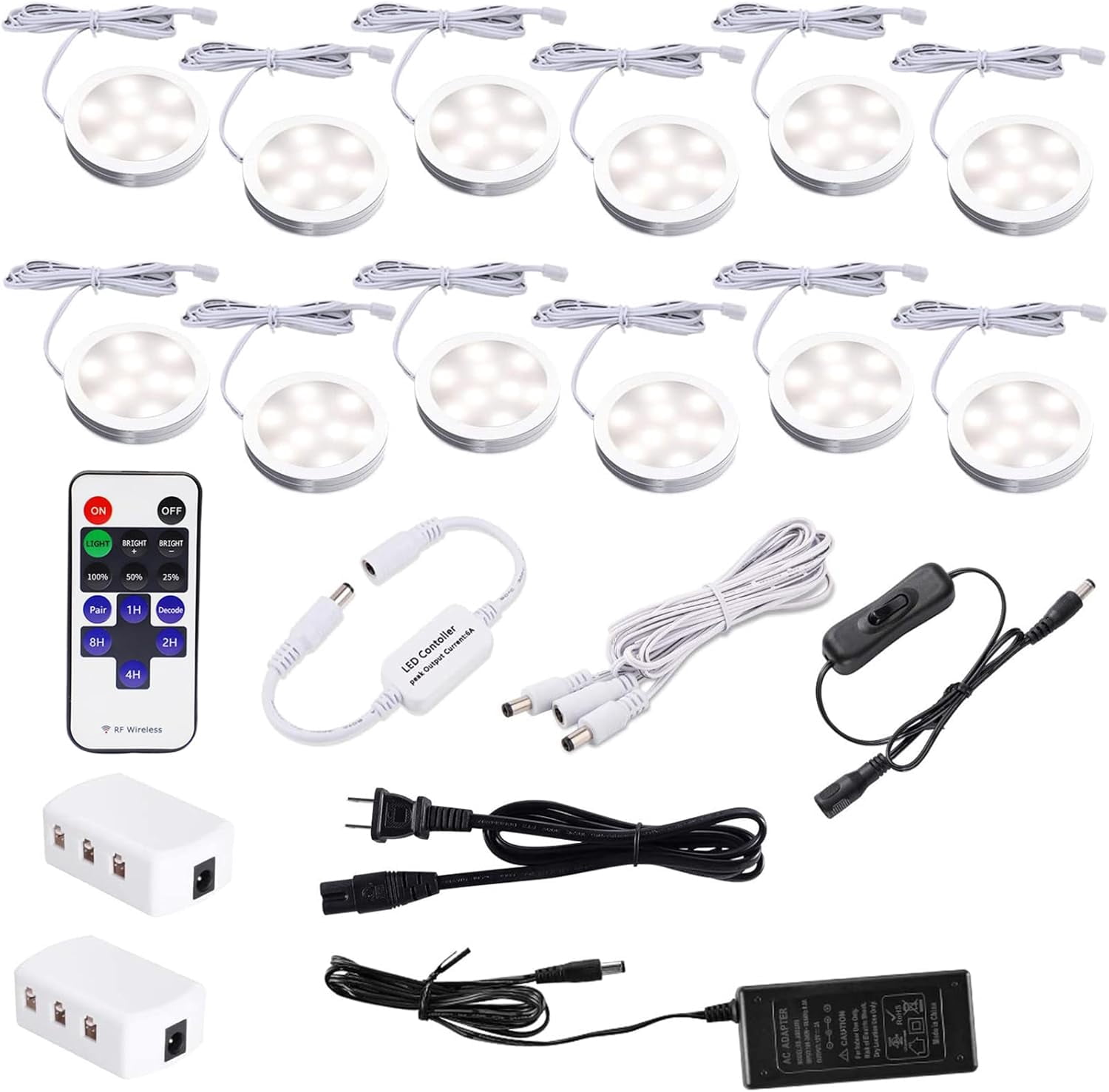 Under Cabinet Lighting Kit, 12 Pcs 4000K Plug in LED Puck Lights, 24W ...