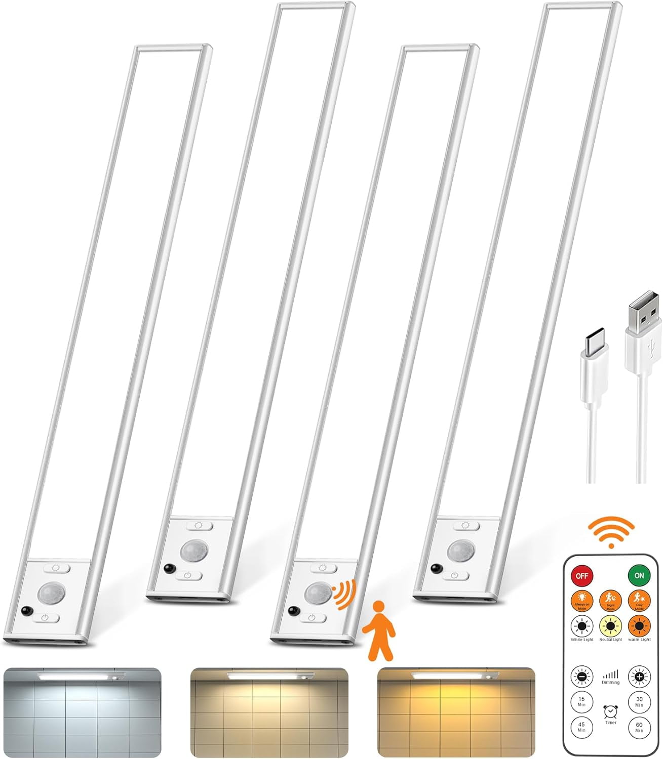 Under Cabinet Lighting with Remote Control,USB Rechargeable 180 Lumen ...