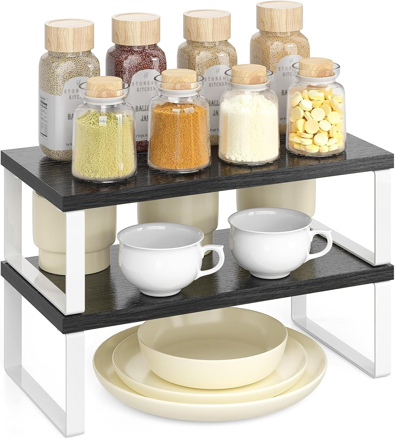 Cabinet Organizer Shelf, Set of 2 Stackable Wooden Spice Racks for Kitchen Counter, Pantry ...