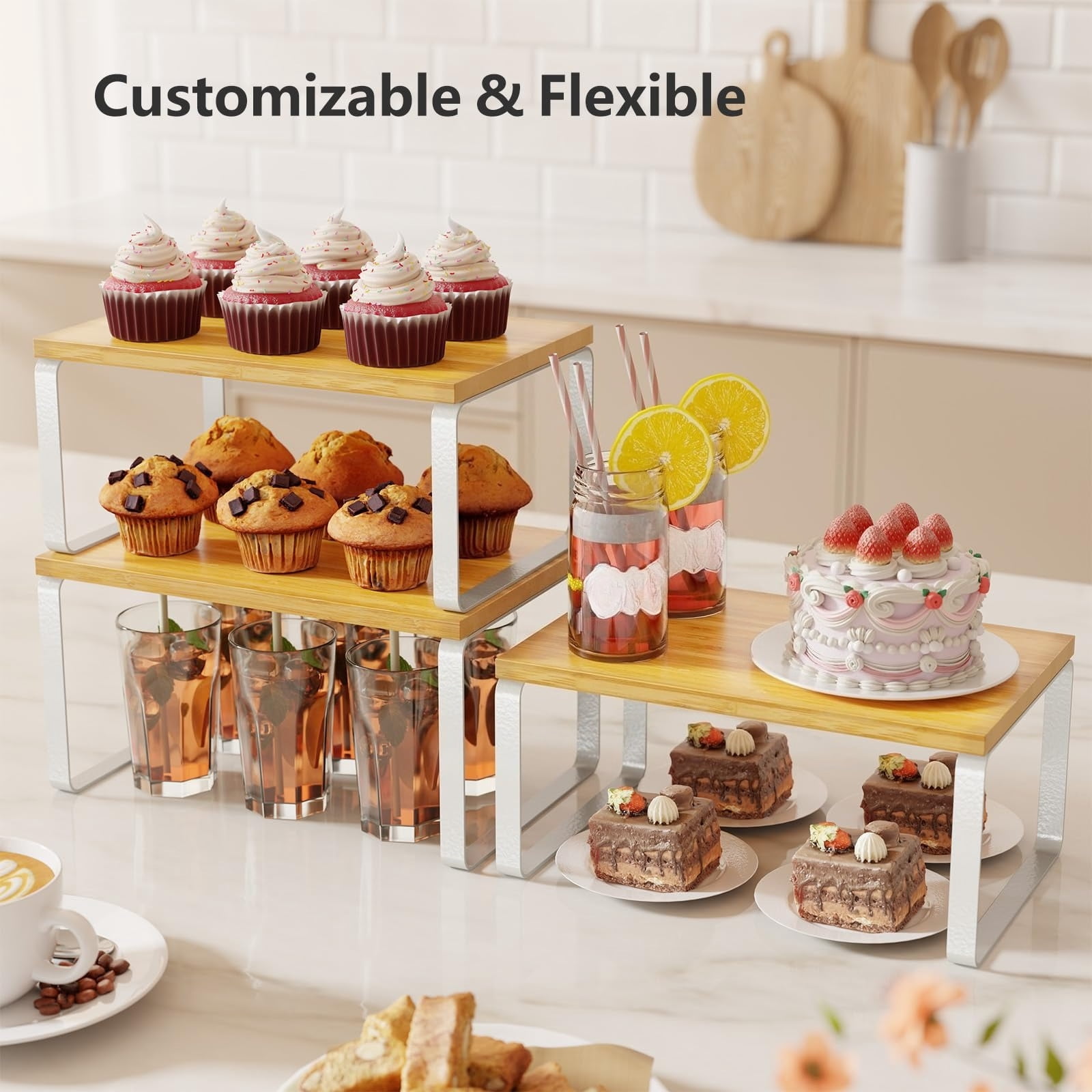 Cabinet Organizer Shelf, Stackable Kitchen Counter Shelves, Expandable ...