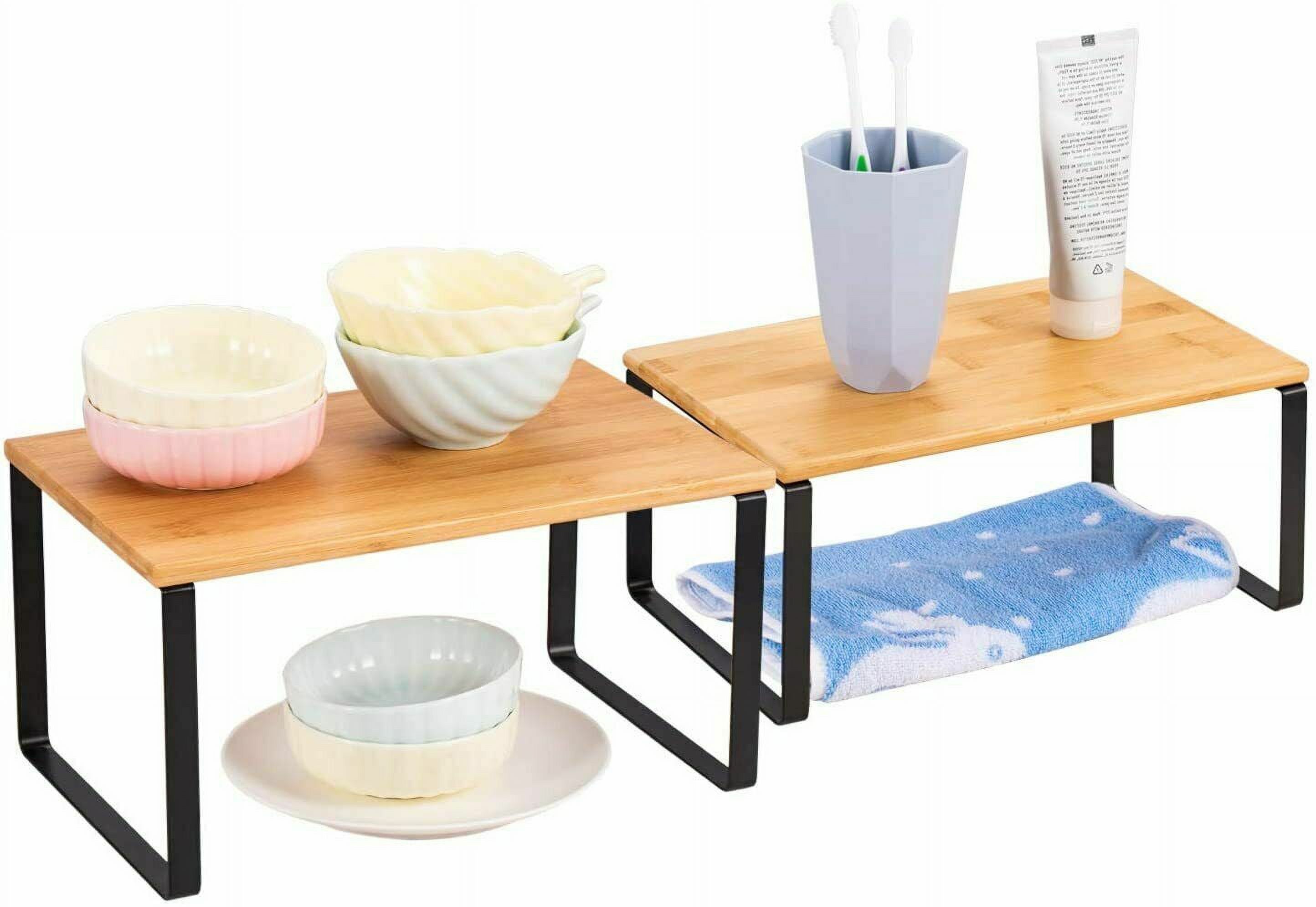 Cabinet Shelves Kitchen Stacking Shelf Bamboo Design Counter Organizer ...