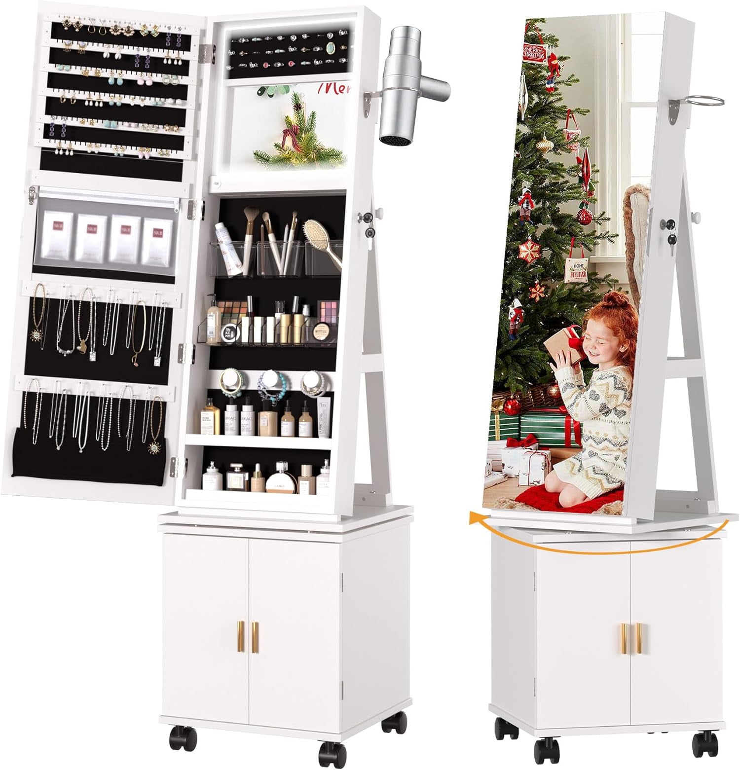 Cabinet Standing Full Length Mirror with Interior Lights, 360? Swivel Lockable Armoire with ...