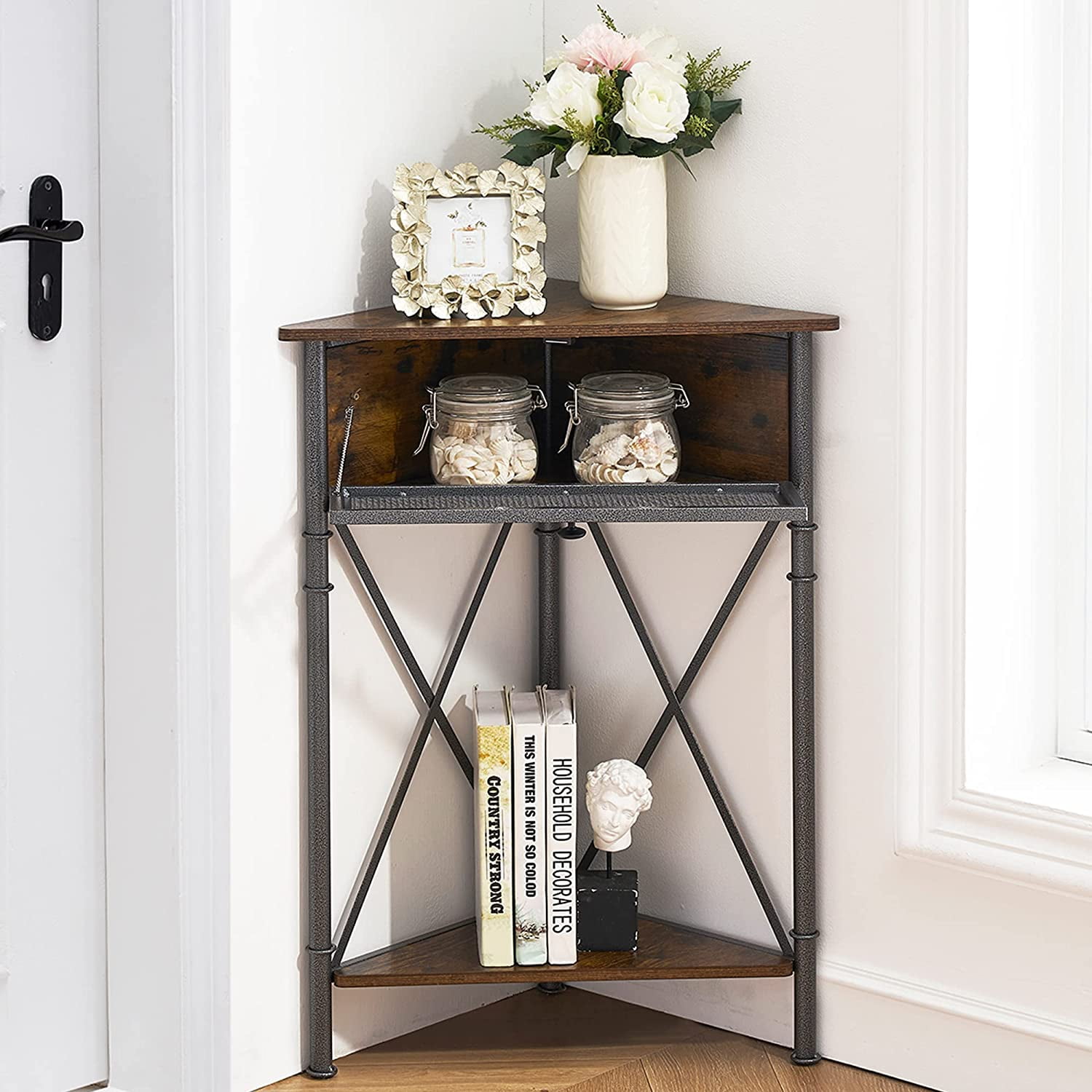 Cabinet/Table, 3-Tier Display Shelves with Protection Door Metal Frame ...