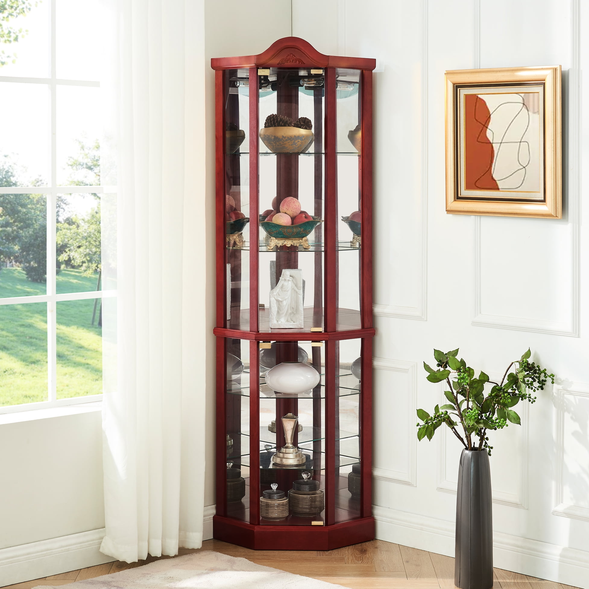 Cabinet With Lighted Glass, Cherry Color, Adjustable Storage, Delicate ...
