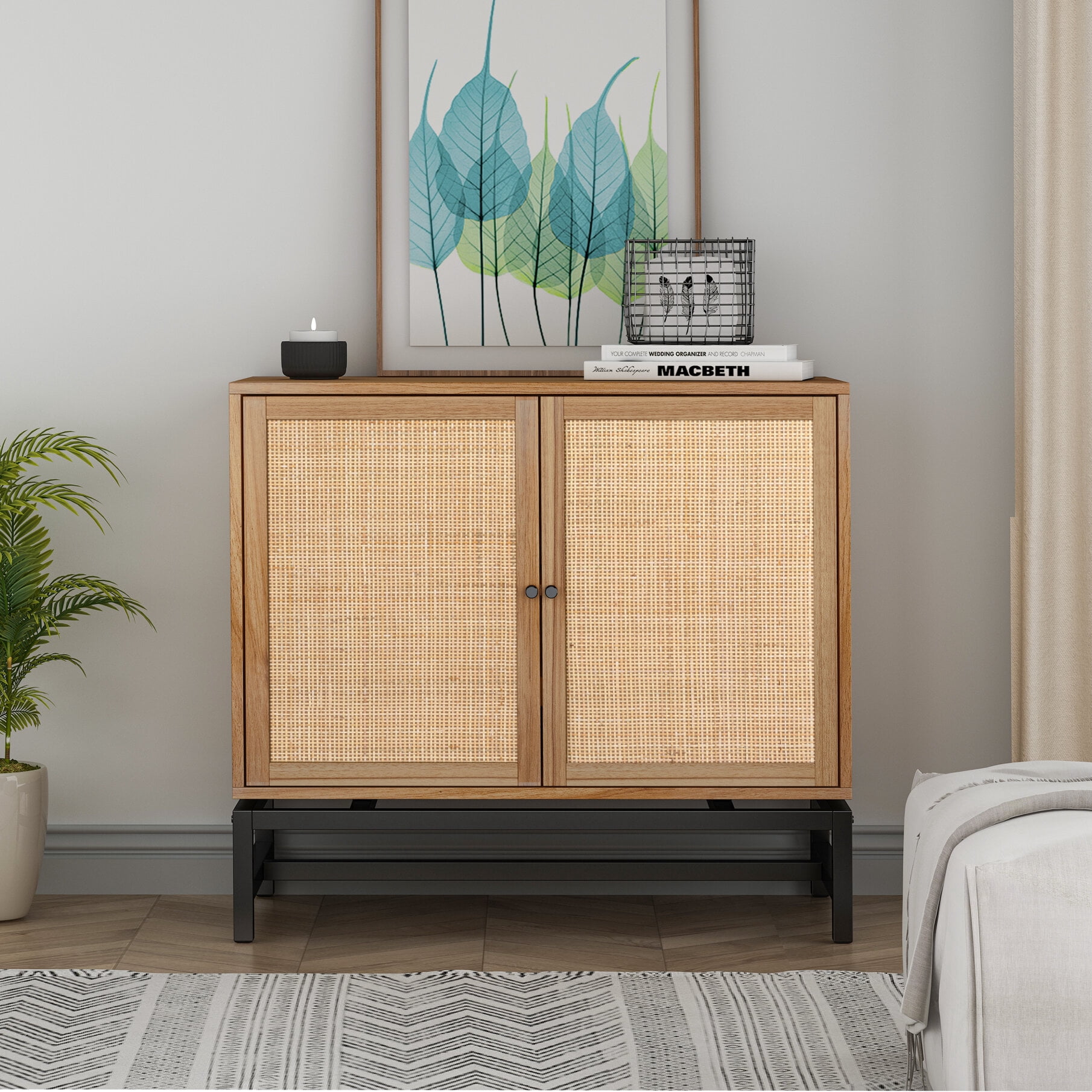 Cabinet with Natural Rattan Doors and Metal Base, Free Standing Cabinet ...