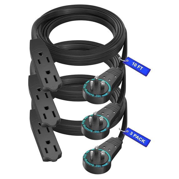 Cable 10 Ft 360° Rotating Flat Plug Extension Cord/Wire, 16 AWG Multi 3 ...