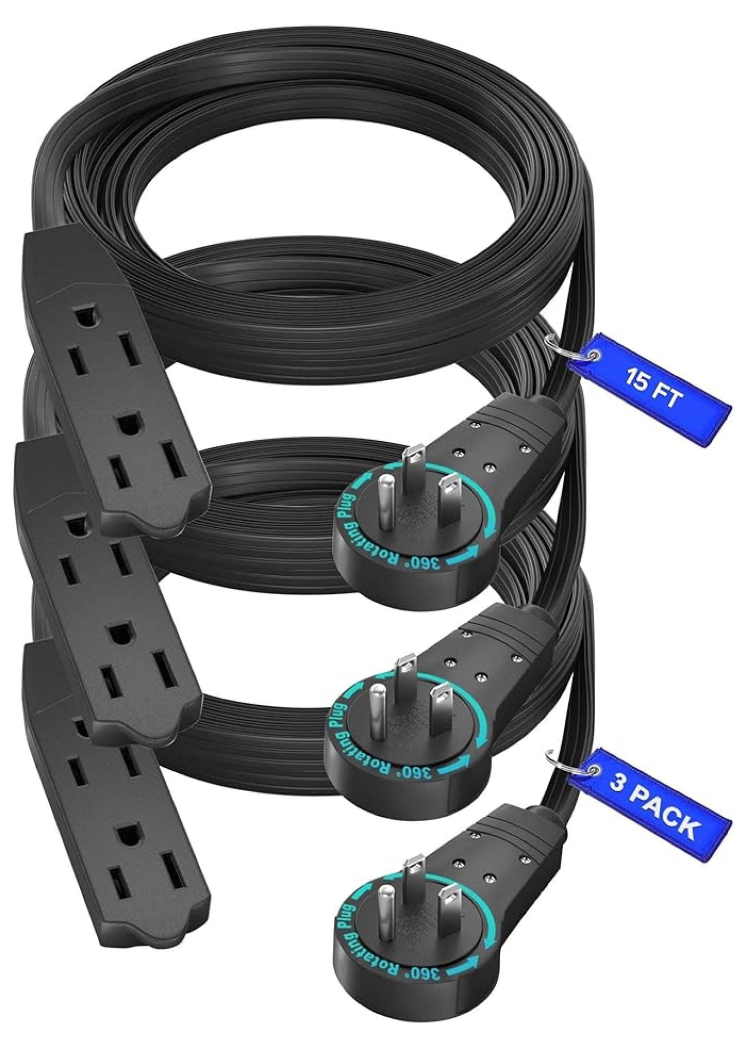 Cable 15 Ft 360° Rotating Flat Plug Extension Cord/Wire, 16 AWG Multi 3 ...