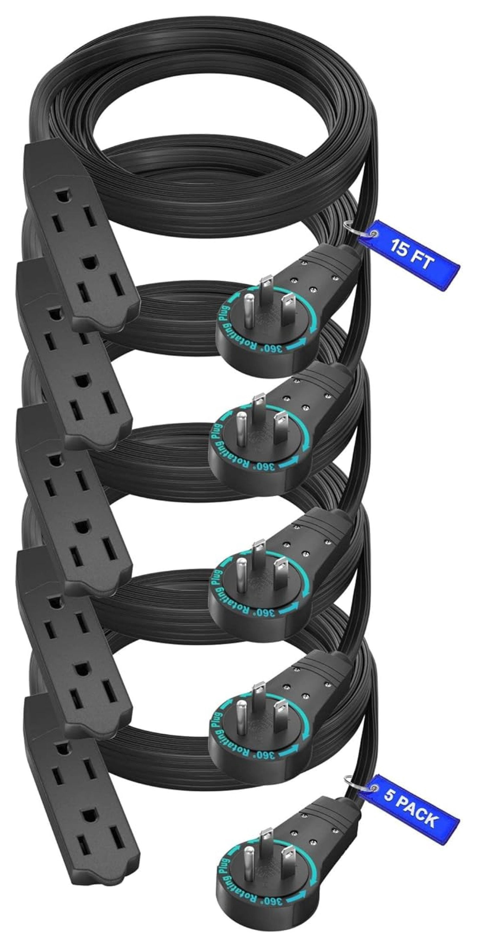 Cable 15 Ft 360° Rotating Flat Plug Extension Cord/Wire, 16 AWG Multi 3 ...