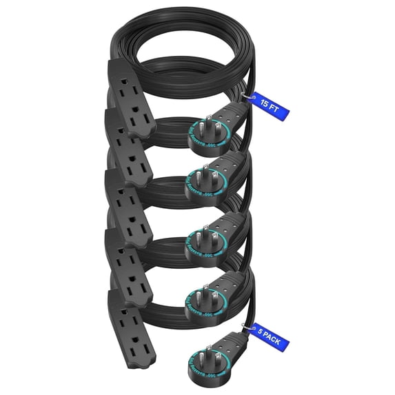 Cable 15 Ft 360° Rotating Flat Plug Extension Cord/Wire, 16 AWG Multi 3 ...