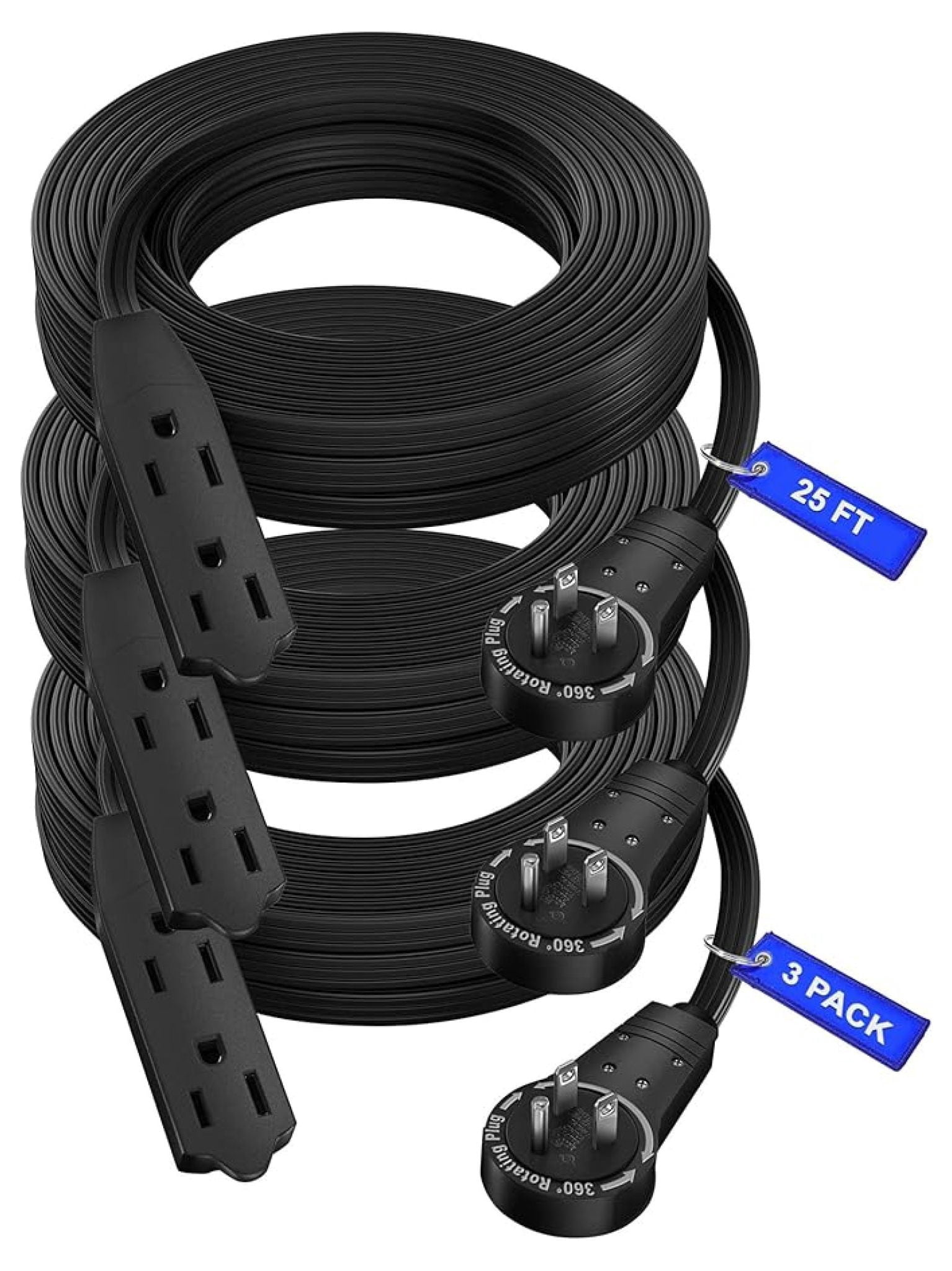 Cable 25 Ft 360° Rotating Flat Plug Extension Cord/Wire, 16 AWG Multi 3 ...