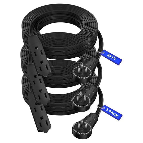 Cable 25 Ft 360° Rotating Flat Plug Extension Cord/Wire, 16 AWG Multi 3 ...