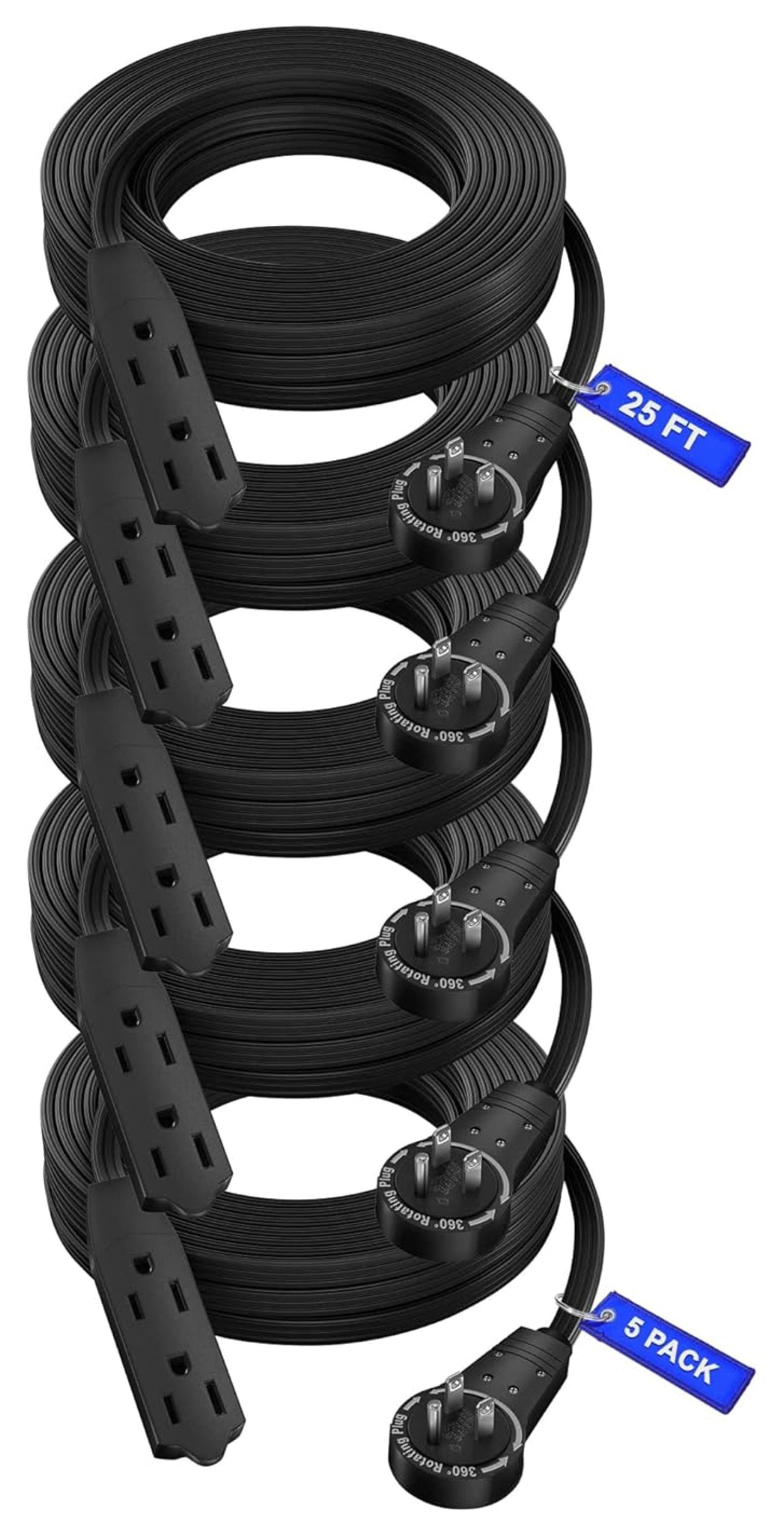 Cable 25 Ft 360° Rotating Flat Plug Extension Cord/Wire, 16 AWG Multi 3 ...