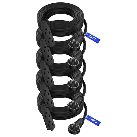 Cable 25 Ft 360° Rotating Flat Plug Extension Cord/Wire, 16 AWG Multi 3 ...