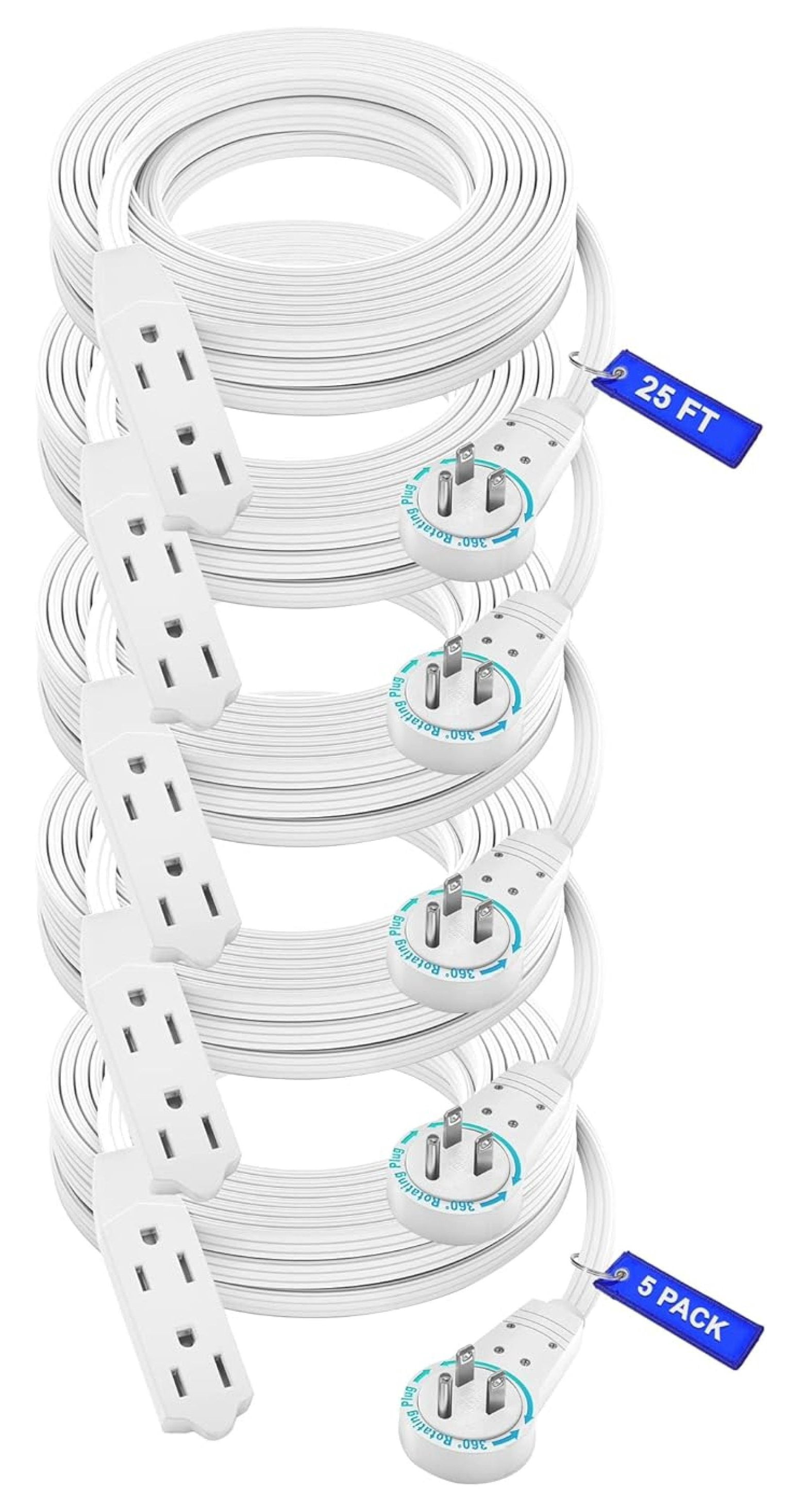 Cable 25 Ft 360° Rotating Flat Plug Extension Cord/Wire, 16 AWG Multi 3 ...