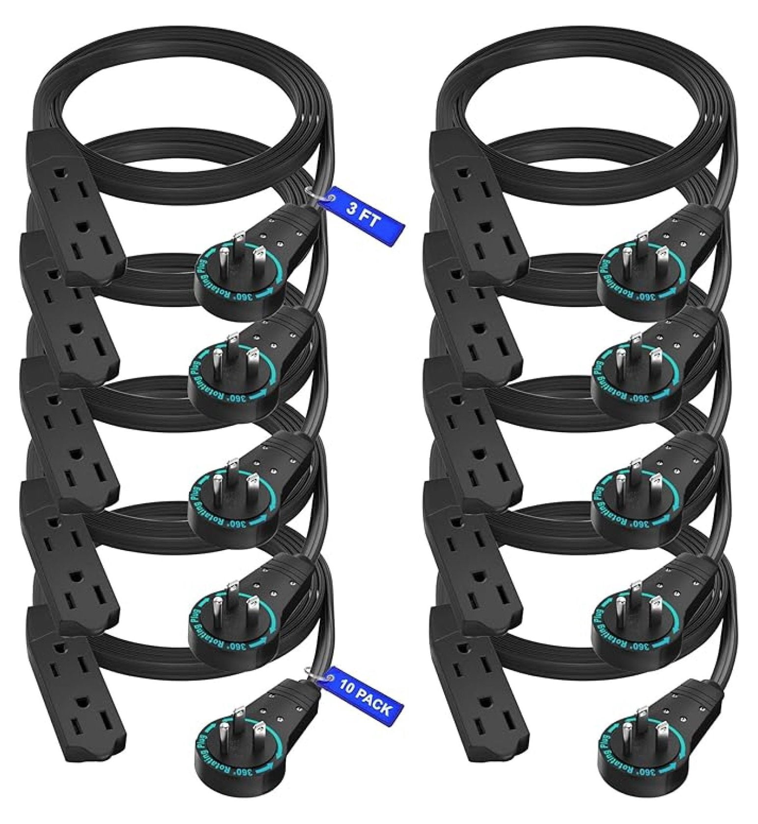 Cable 3 Ft 360° Rotating Flat Plug Extension Cord/Wire, 16 AWG Multi 3 ...