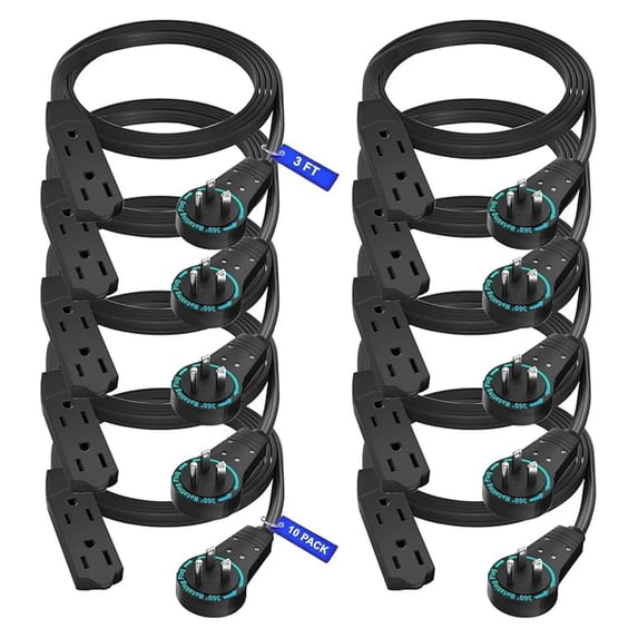 Cable 3 Ft 360° Rotating Flat Plug Extension Cord/Wire, 16 AWG Multi 3 ...