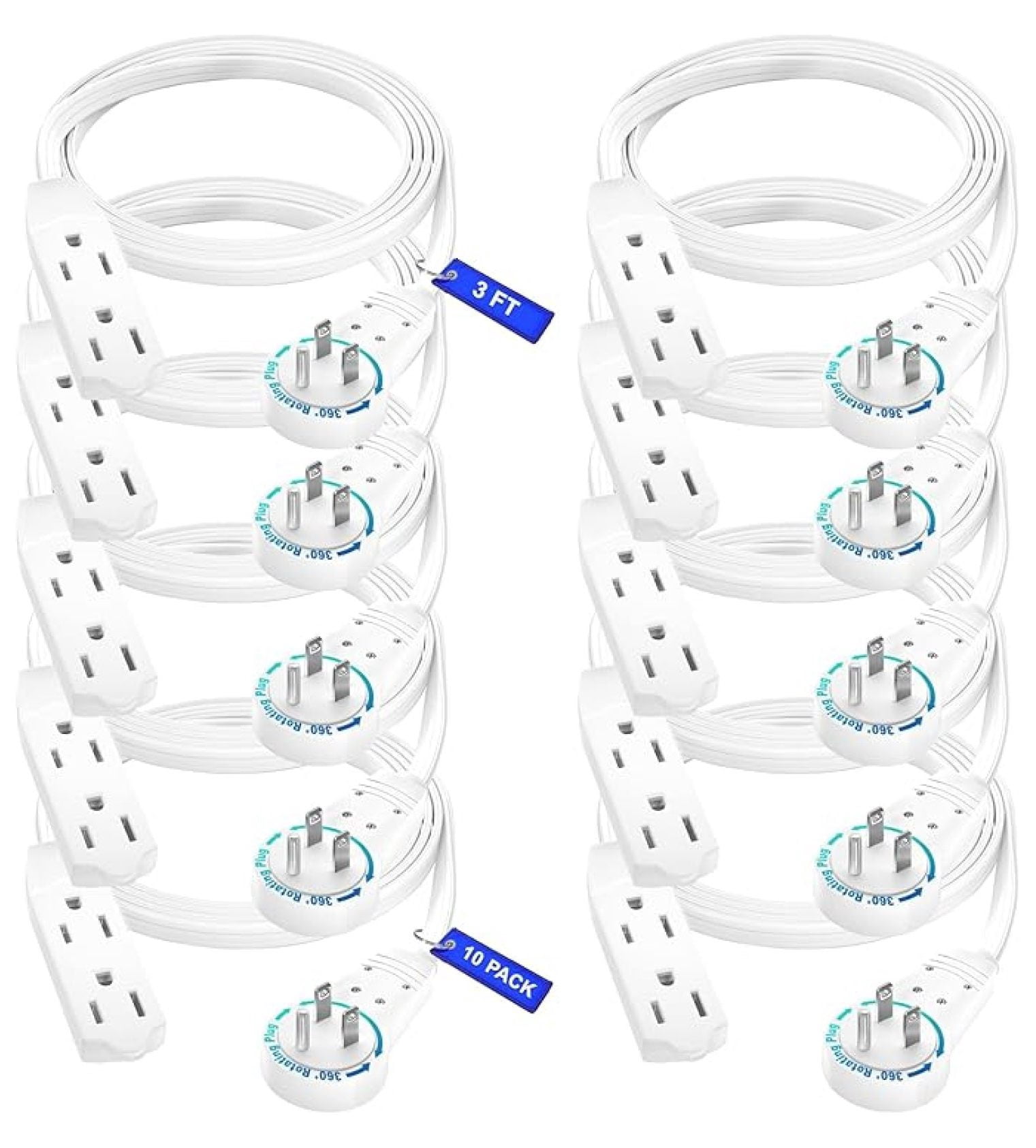 Cable 3 Ft 360° Rotating Flat Plug Extension Cord/Wire, 16 AWG Multi 3 ...