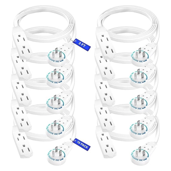 Cable 3 Ft 360° Rotating Flat Plug Extension Cord/Wire, 16 AWG Multi 3 ...