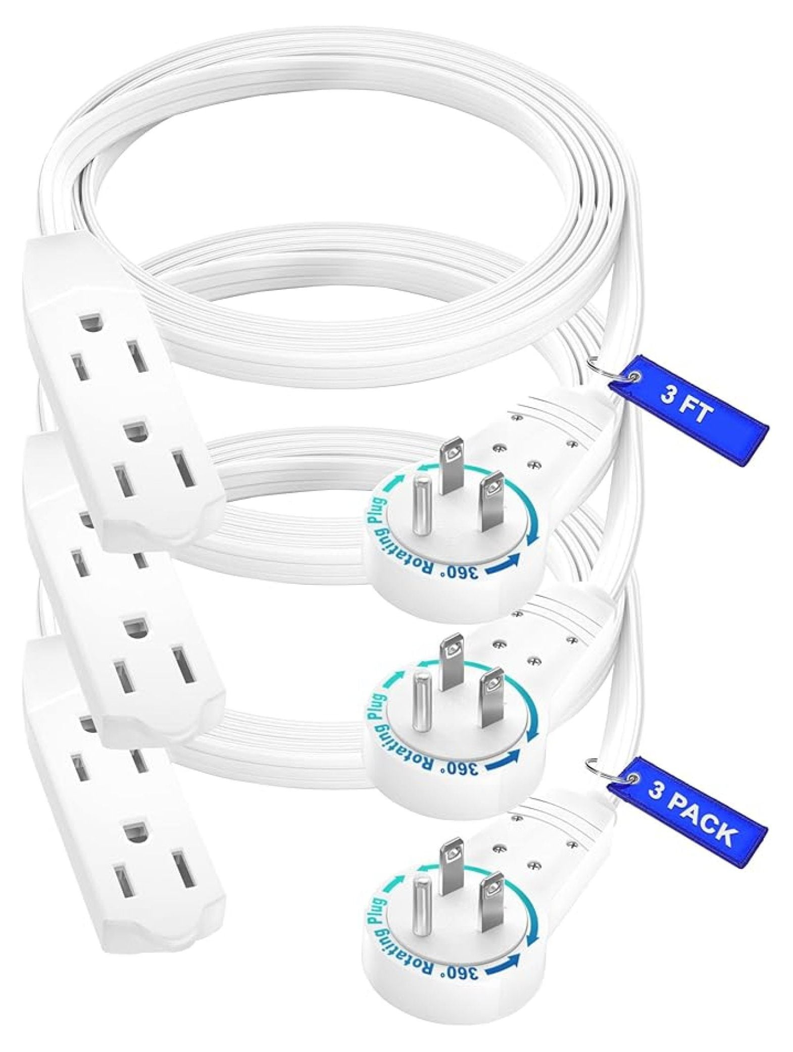 Cable 3 Ft 360° Rotating Flat Plug Extension Cord/Wire, 16 AWG Multi 3 ...