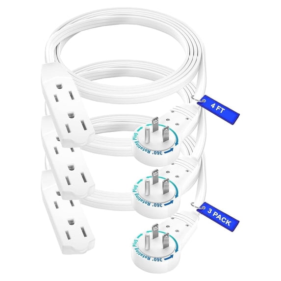 Cable 4 Ft 360° Rotating Flat Plug Extension Cord/Wire, 16 AWG Multi 3 ...