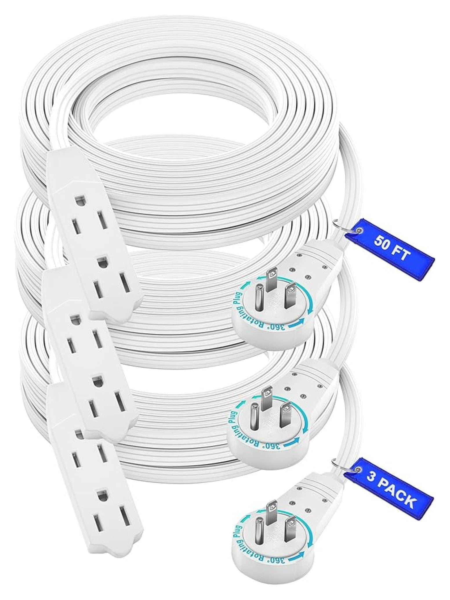 Cable 50 Ft 360° Rotating Flat Plug Extension Cord/Wire, 16 AWG Multi 3 ...