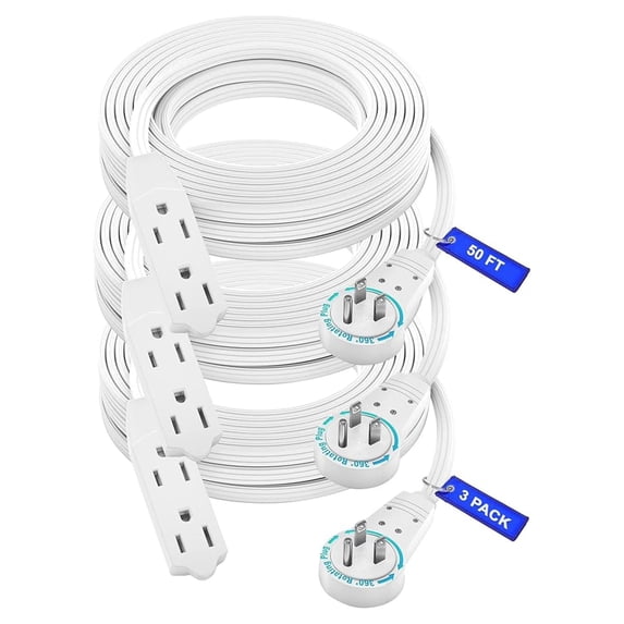 Cable 50 Ft 360° Rotating Flat Plug Extension Cord/Wire, 16 AWG Multi 3 ...