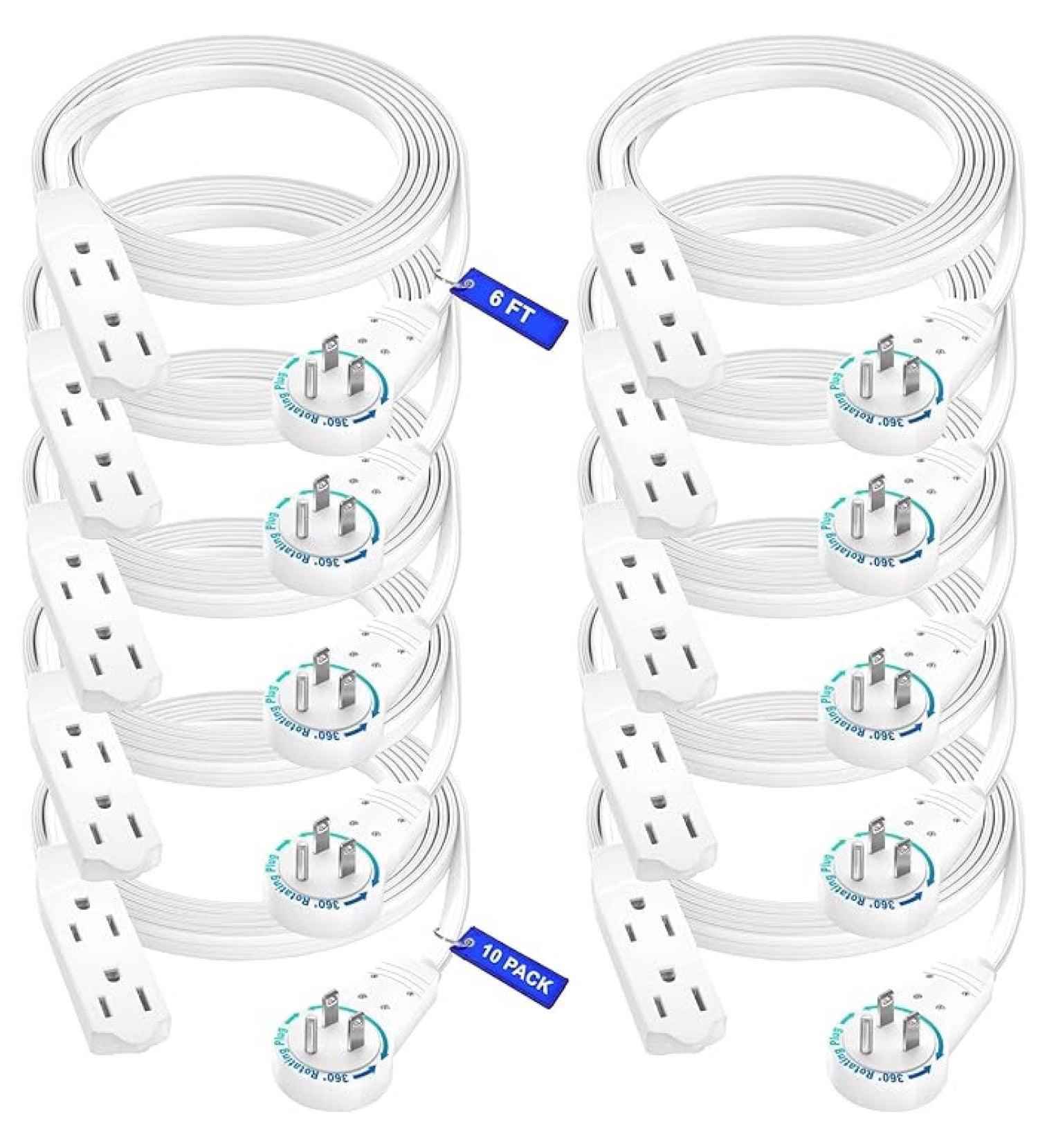 Cable 6 Ft 360° Rotating Flat Plug Extension Cord/Wire, 16 AWG Multi 3 ...