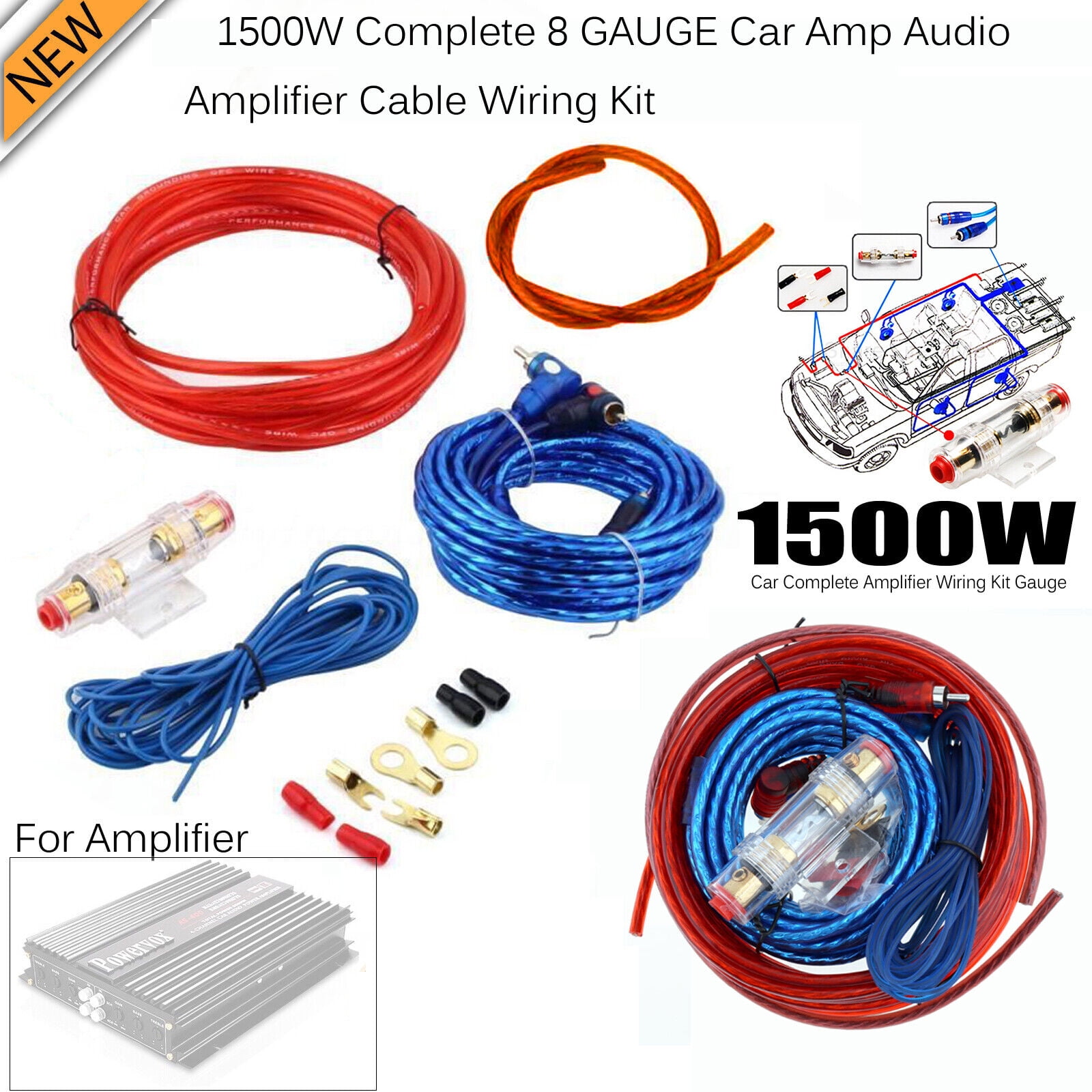 Cable Car Audio Kit Amp Amplifier RCA Wiring Wire Blue Red 1500W 10 ...
