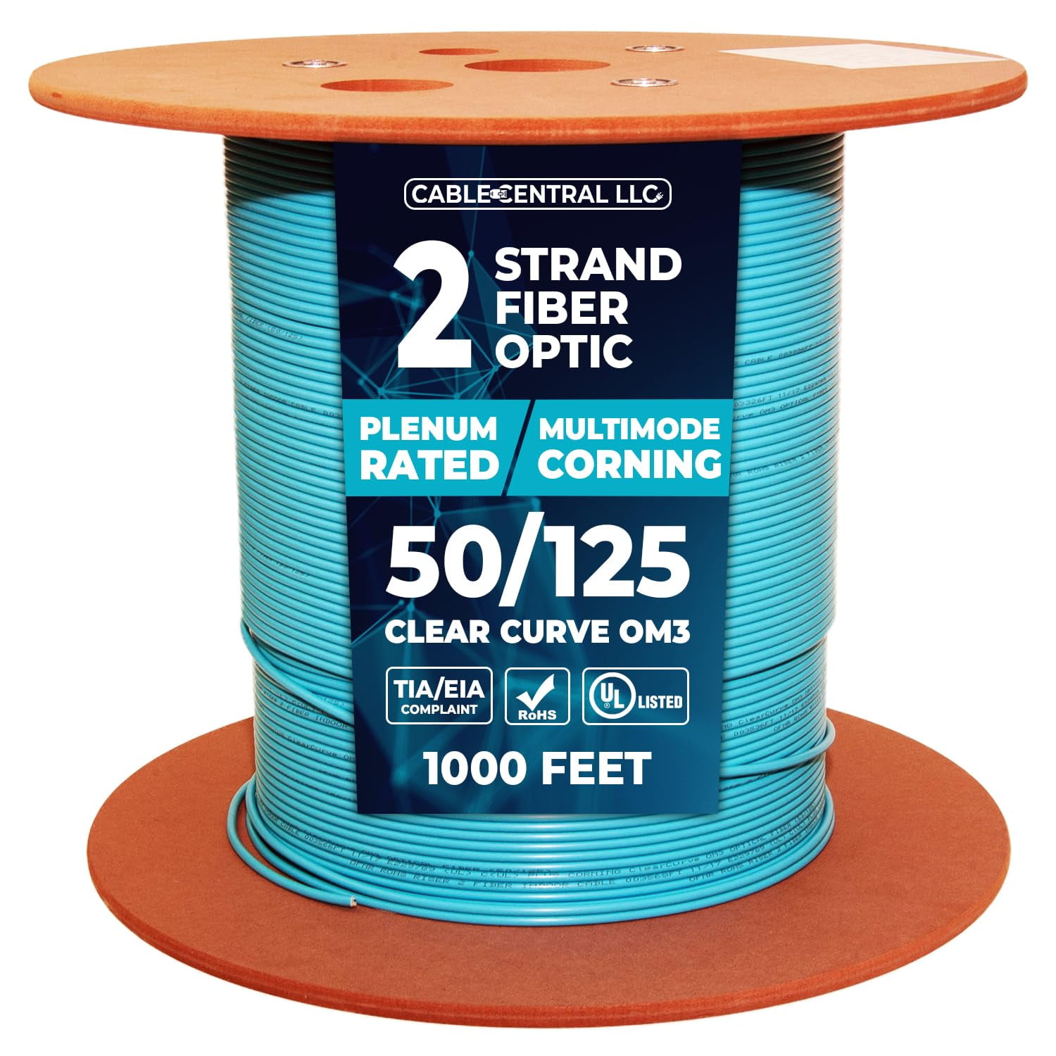 Cable Central LLC 2 Fiber Indoor Distribution Fiber Optic Cable, Multimode 50/125, Corning Clear ...