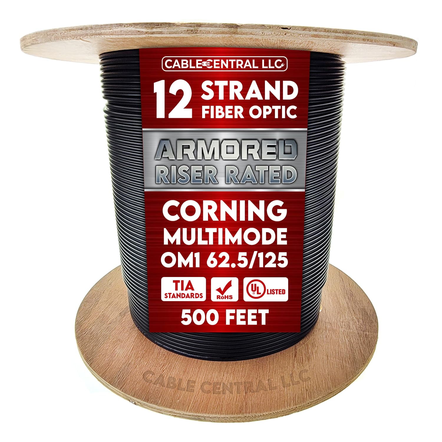 Cable Central LLC Armored 12 Strand Indoor/Outdoor Fiber Optic Distribution Cable, OM1 62.5/125 ...