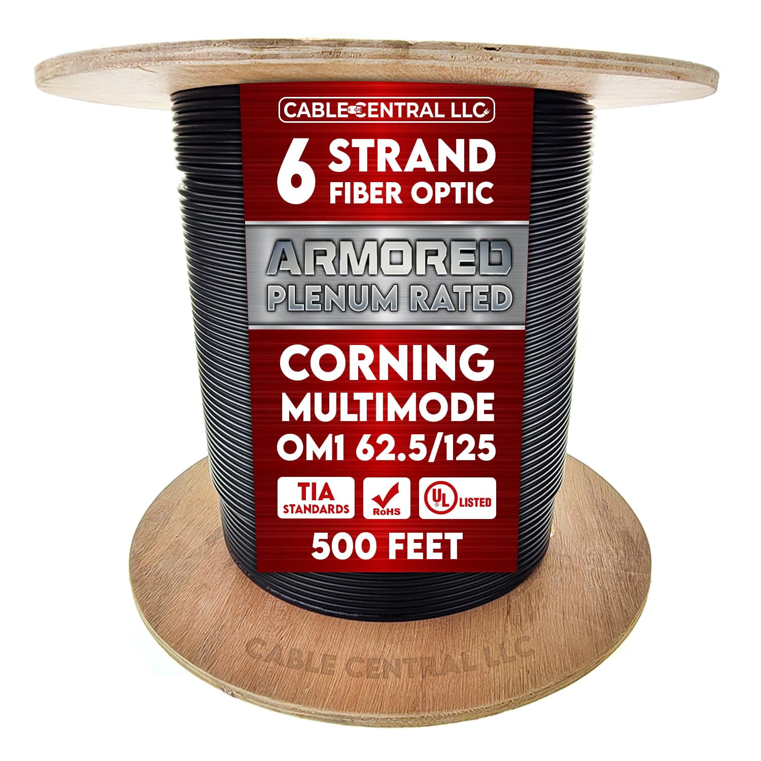 Cable Central LLC Armored Plenum 6 Strand Indoor/Outdoor Fiber Optic Distribution Cable, OM1 62. ...