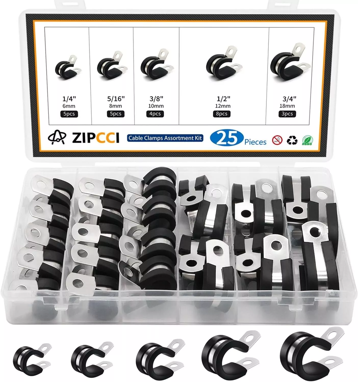 Cable Clamps Assortment Kit, 25 Pack Stainless Steel Rubber Cushion ...