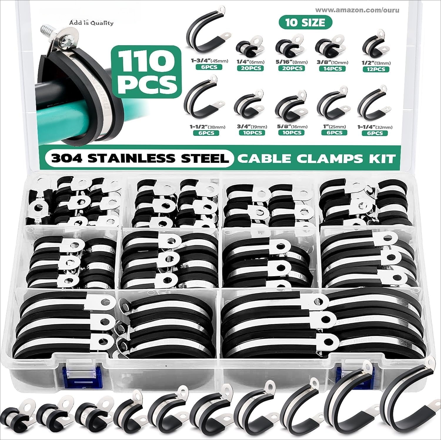 Cable Clamps Assortment Kit,— Stainless Steel Rubber Coated Cushioned ...