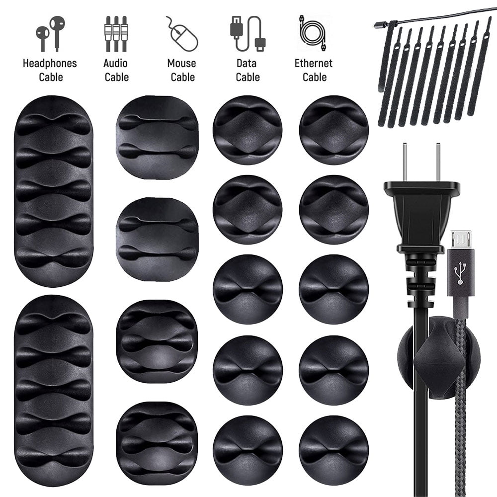 Cable Clips,26 Pack Black Adhesive Cord Holders & Reusable Cable Ties ...