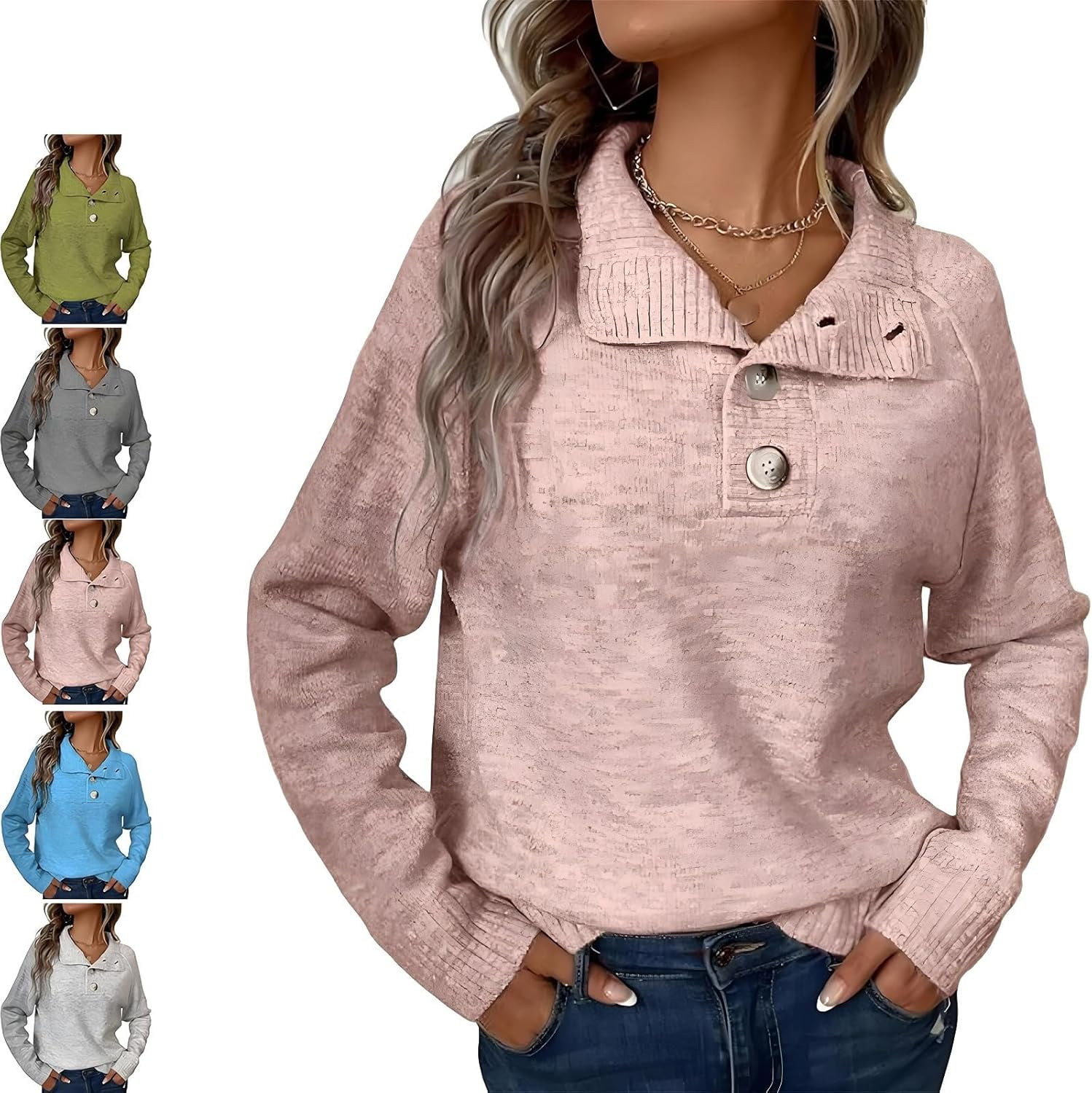 Cable Knit Button Up Stand Collar Pullover Women, New Solid Color ...