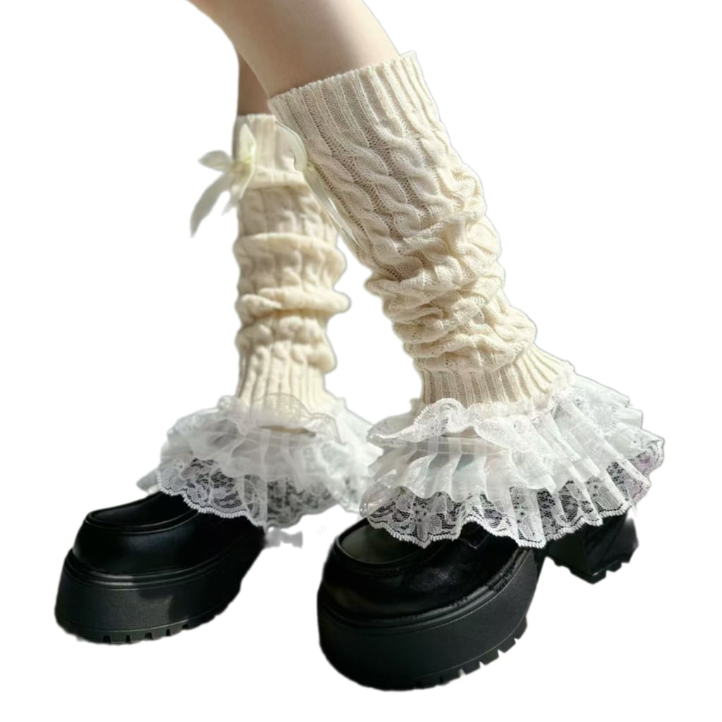 Cable Knit Leg Warmers with Bowknot Women Japanese Sweet Tiered Ruffled ...