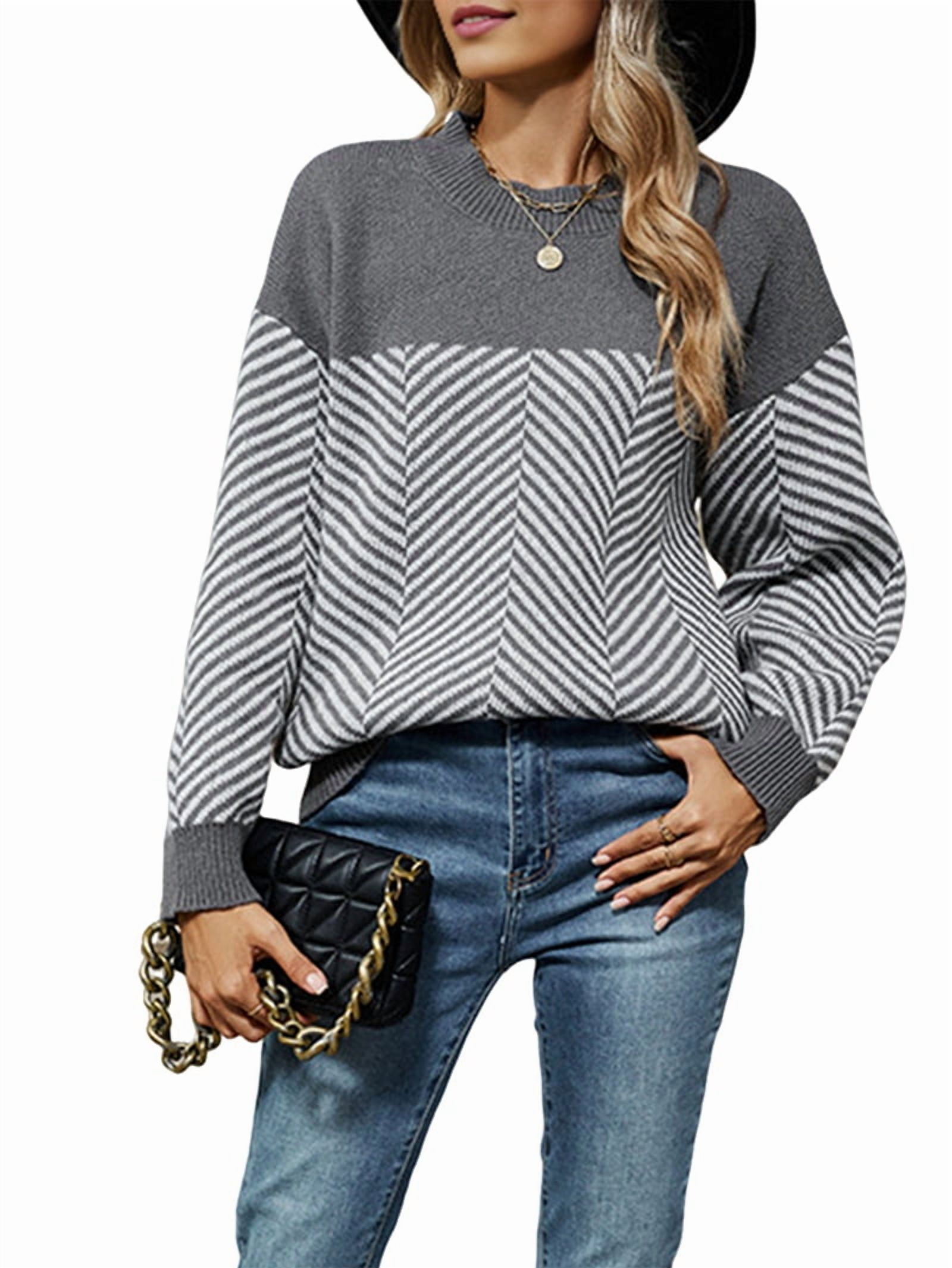 Cable Knit Striped Sweater for Women Crew Neck Oversized Long Sleeve ...