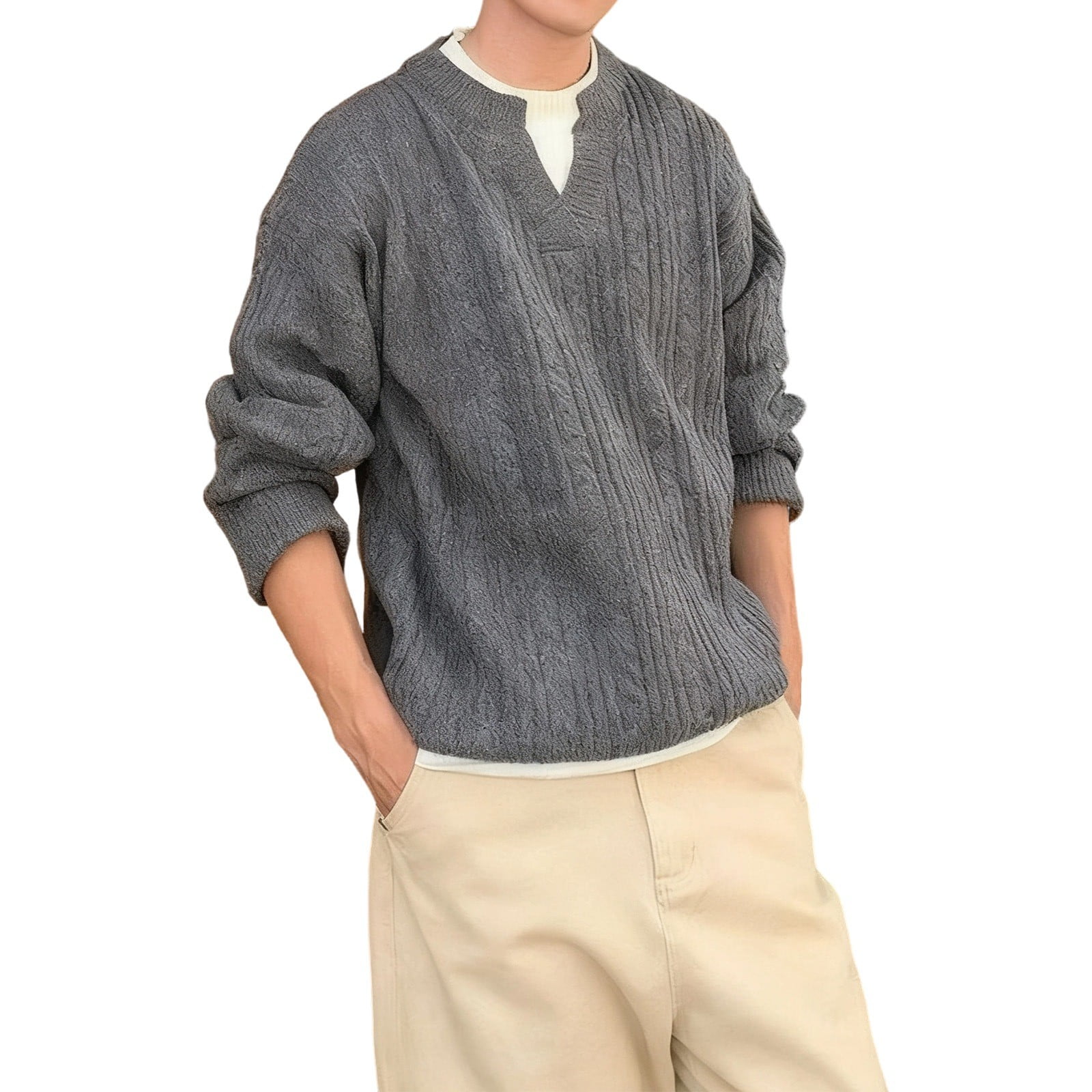 Cable Knit Sweater Coat Two-Piece Layered V-Neck Pullover, Fall Winter ...