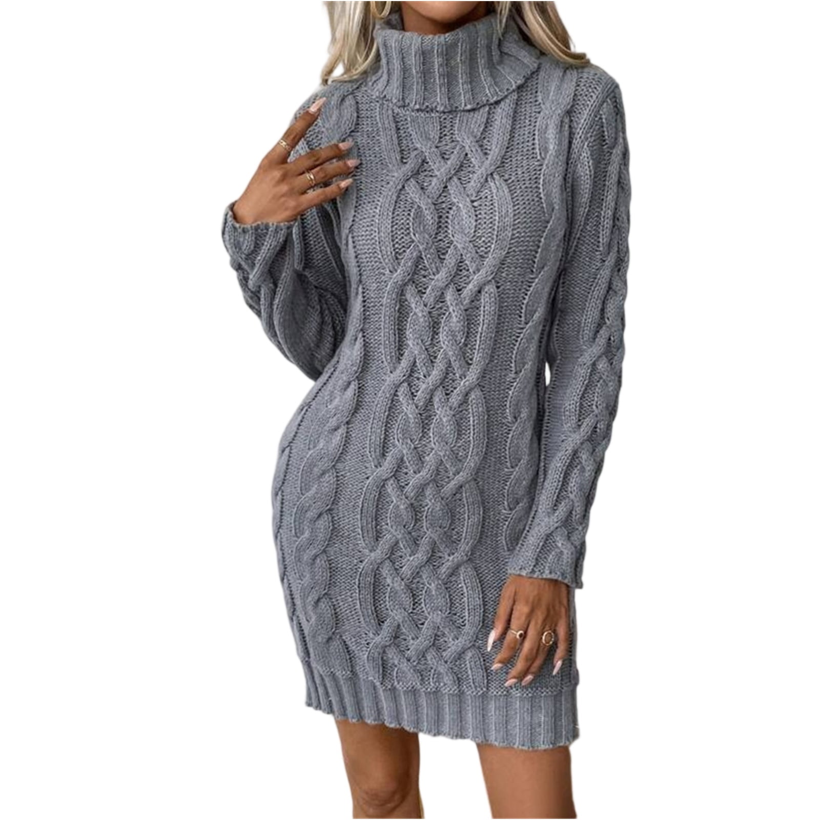 Cable Knit Sweater Dress, Solid Color Long Sleeve High Neck Tunic Dress ...