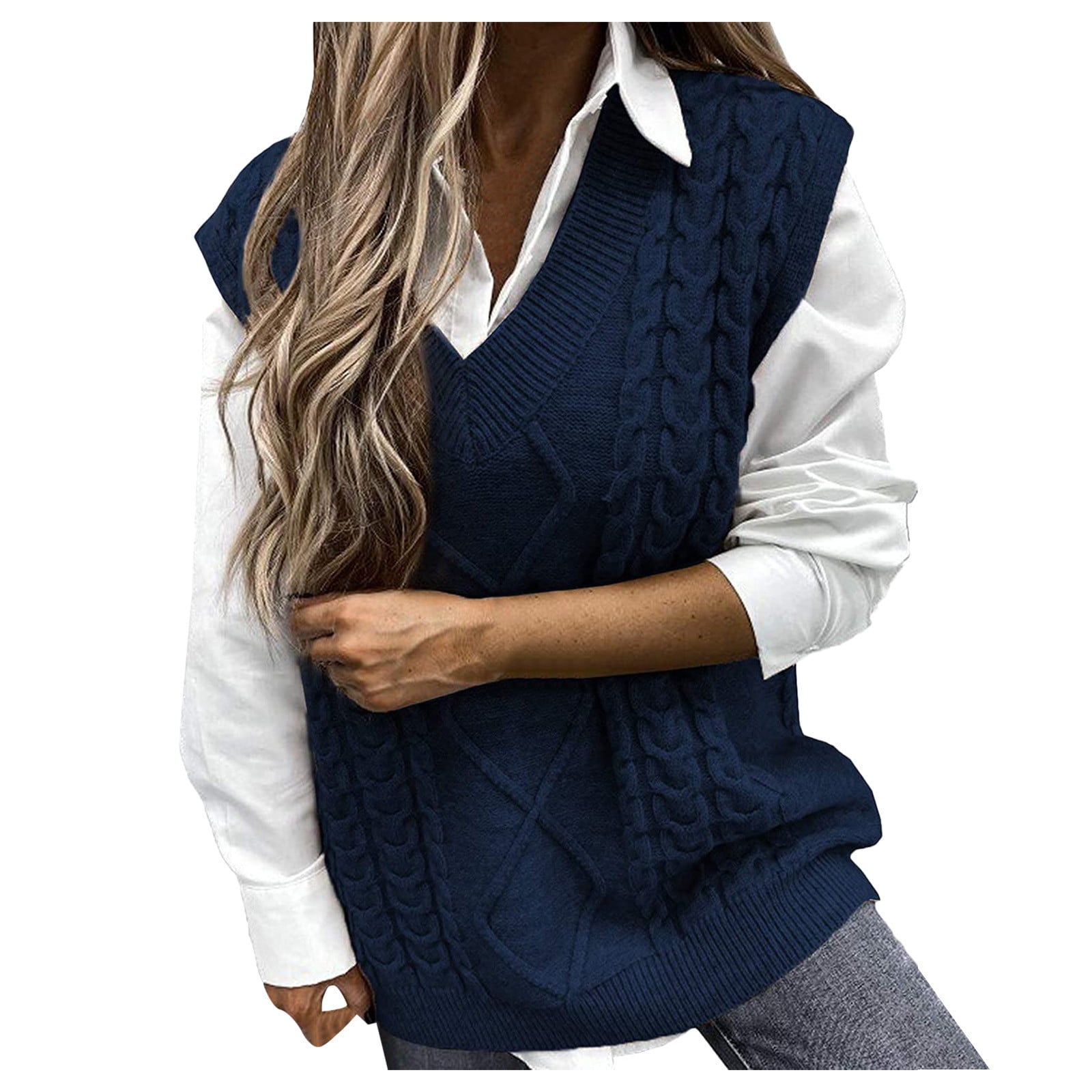 Cable Knit Sweater Women Preppy Knitwear Tank Top Sleeveless V-Neck ...