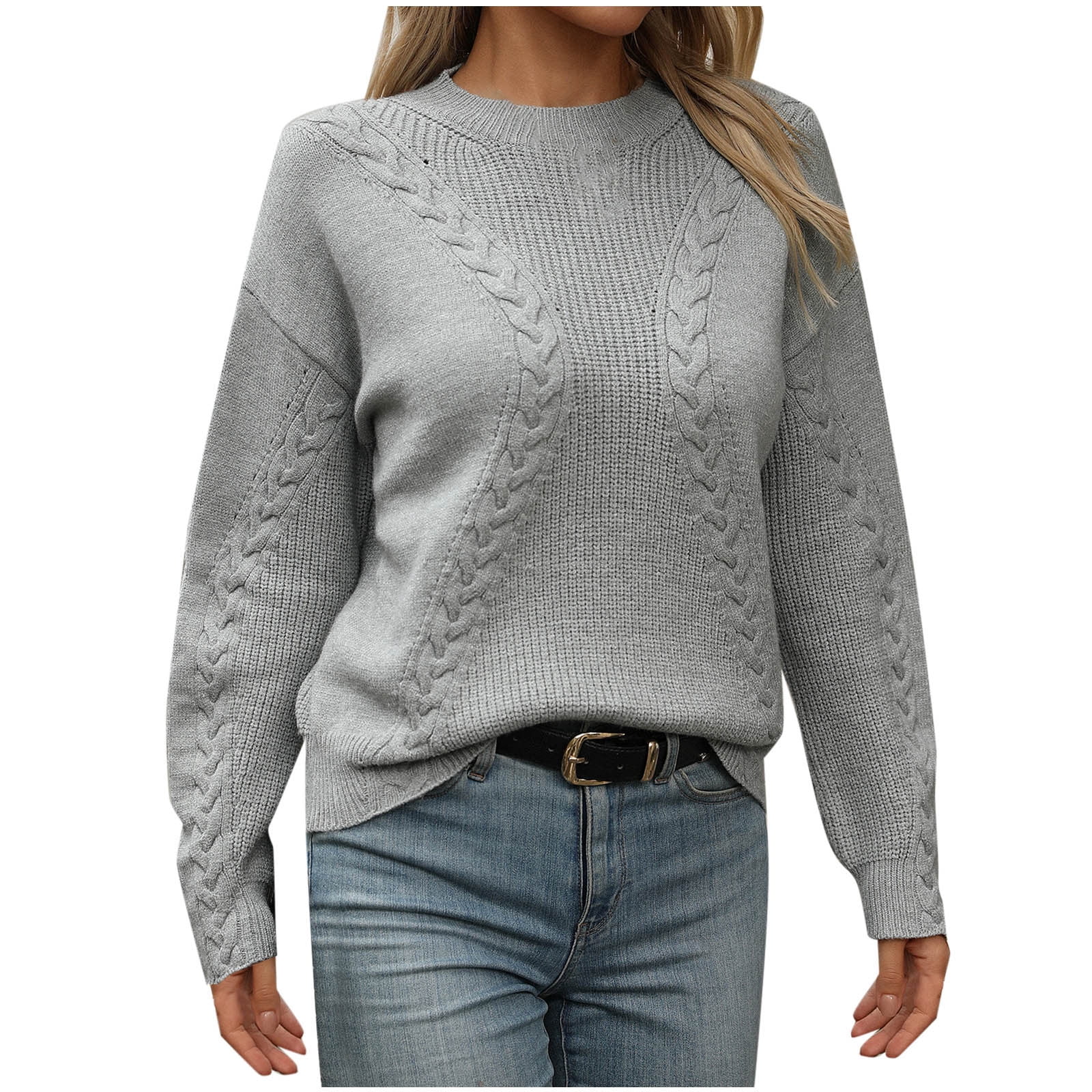 Cable Knit Sweater for Women 2024 Comfy Loose Fit Long Sleeve Pullover ...