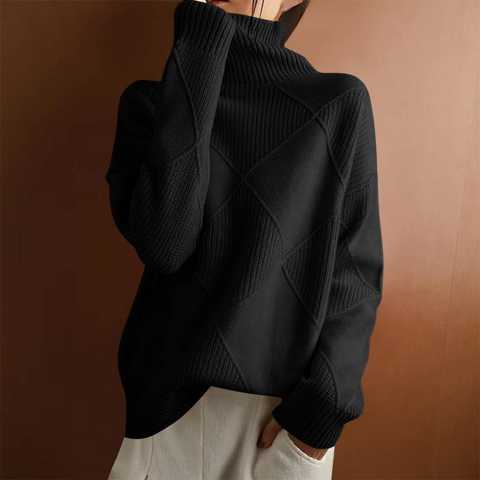 Cable Knit Sweater for Women Loose High Neck Sweaters Thickened Solid ...