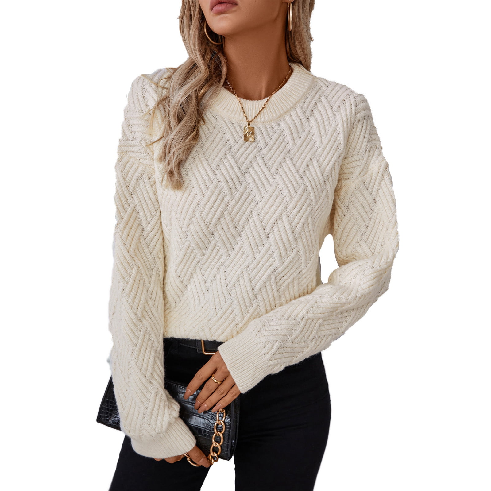 Cable Knit Sweater for Women Retro Crew Neck Sweaters Loose Fit Solid ...