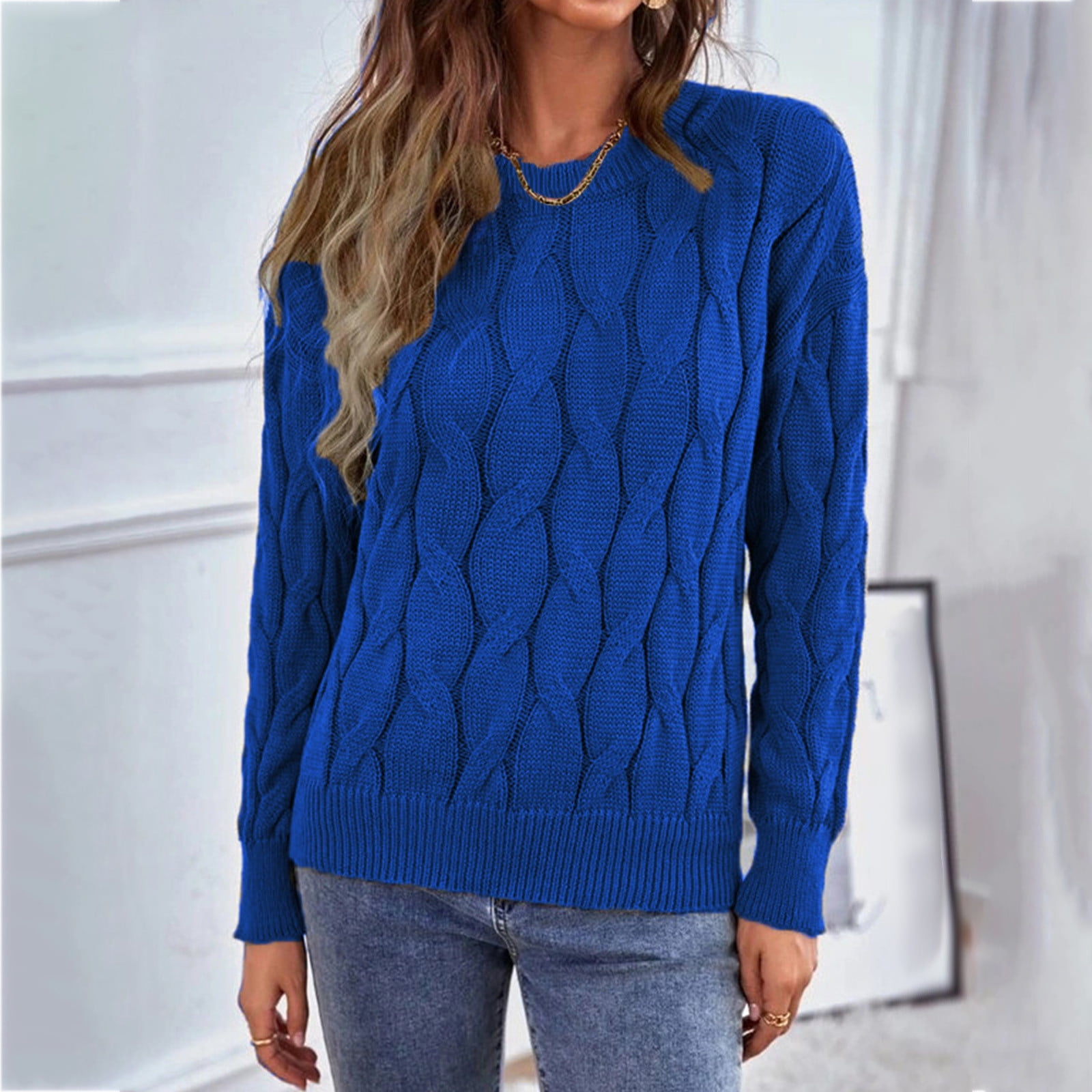 Cable Knit Sweater for Women Soft Hollow Design Crew Neck Sweaters Cute ...