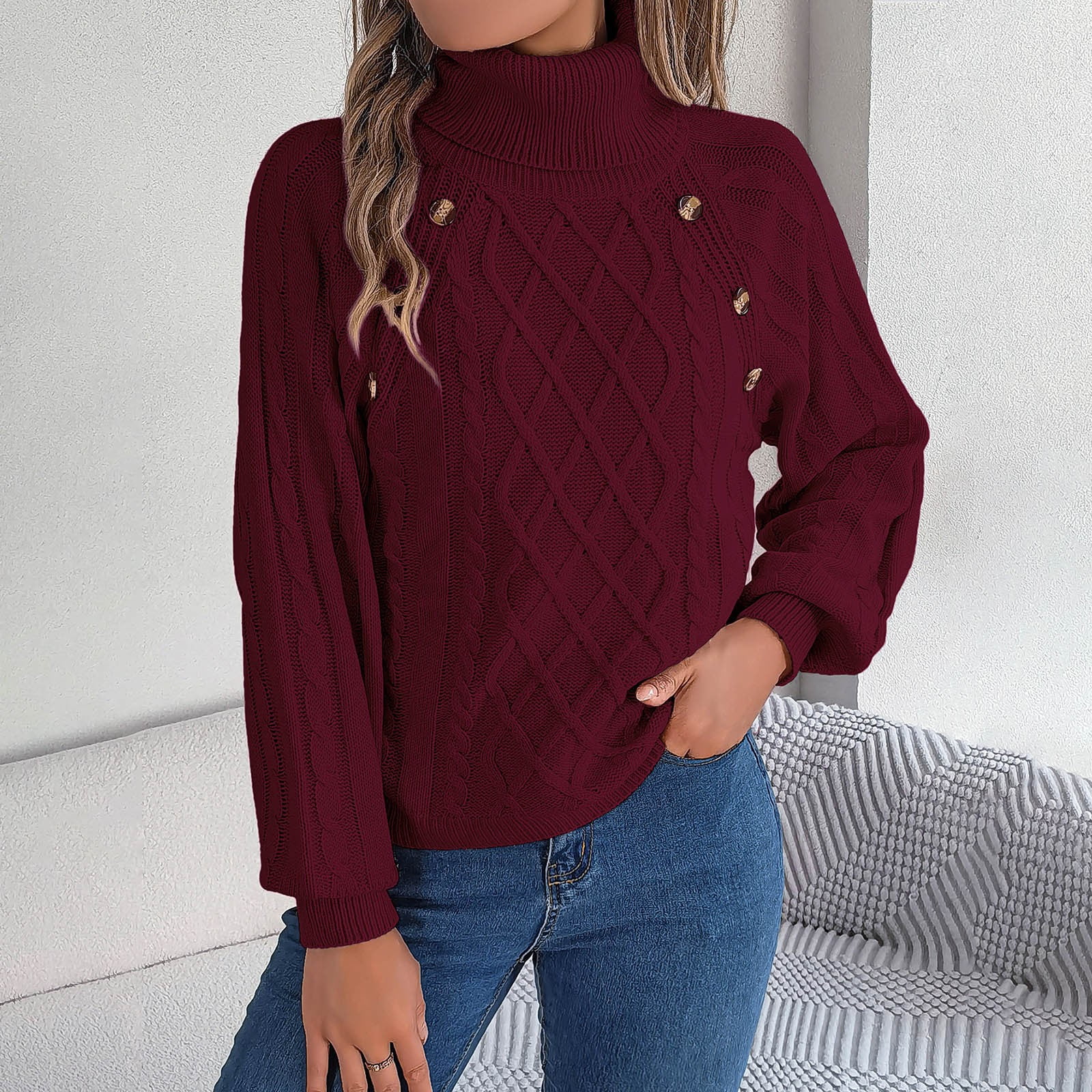 Cable Knit Sweater for Women Solid Color High Neck Sweaters Loose ...