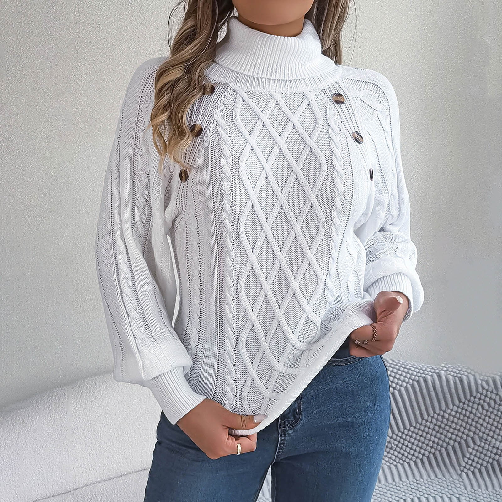 Cable Knit Sweater for Women Solid Color High Neck Sweaters Loose ...