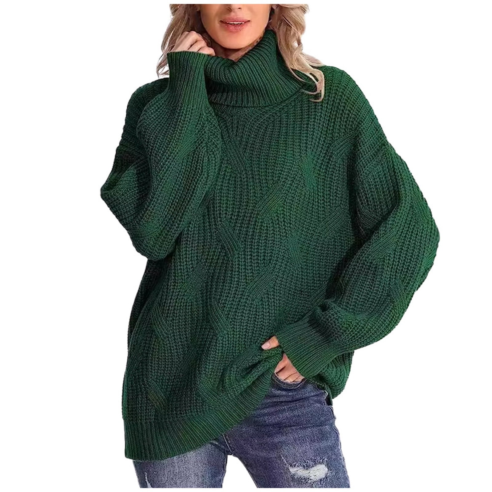Cable Knit Sweater for Women Solid Color High Neck Sweaters Warm Loose ...