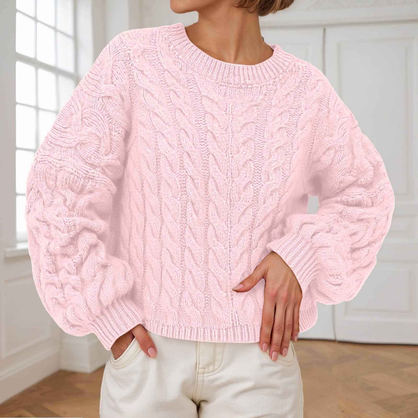 Cable Knit Sweater for Women Threaded Solid Color Crew Neck Sweaters ...