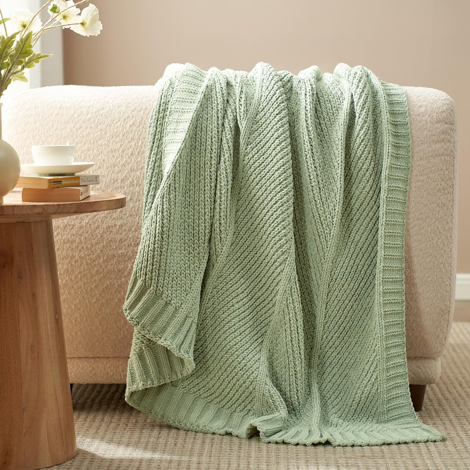 Cable Knit Throw Blanket, Chenille Knitted Chunky Throw Non-Shedding ...